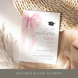 Pink Bow Graduation Invitation, School Commencement Announcement, Grad ...