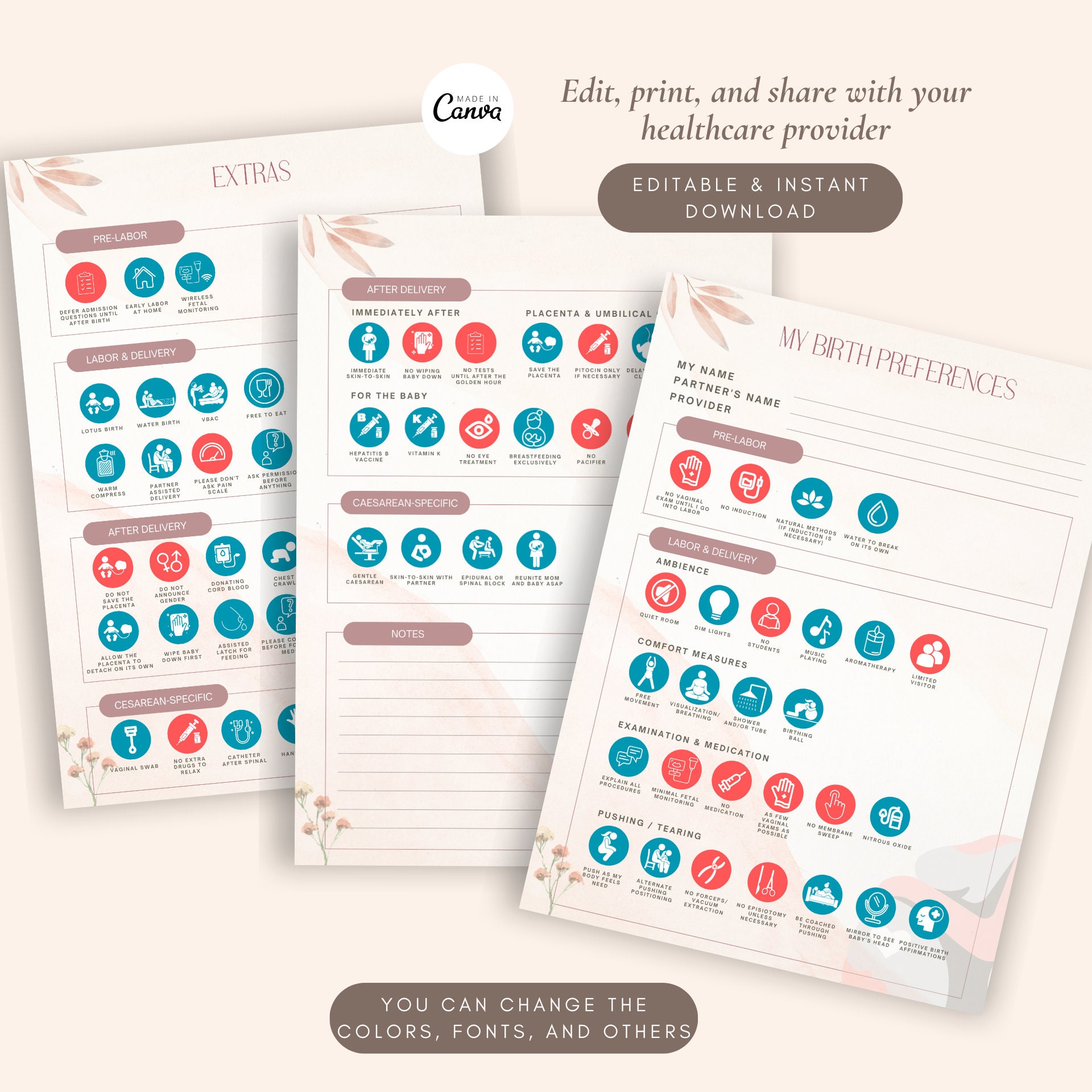 Visual Birth Plan Natural Birth Planner, Editable Birth Preferences ...