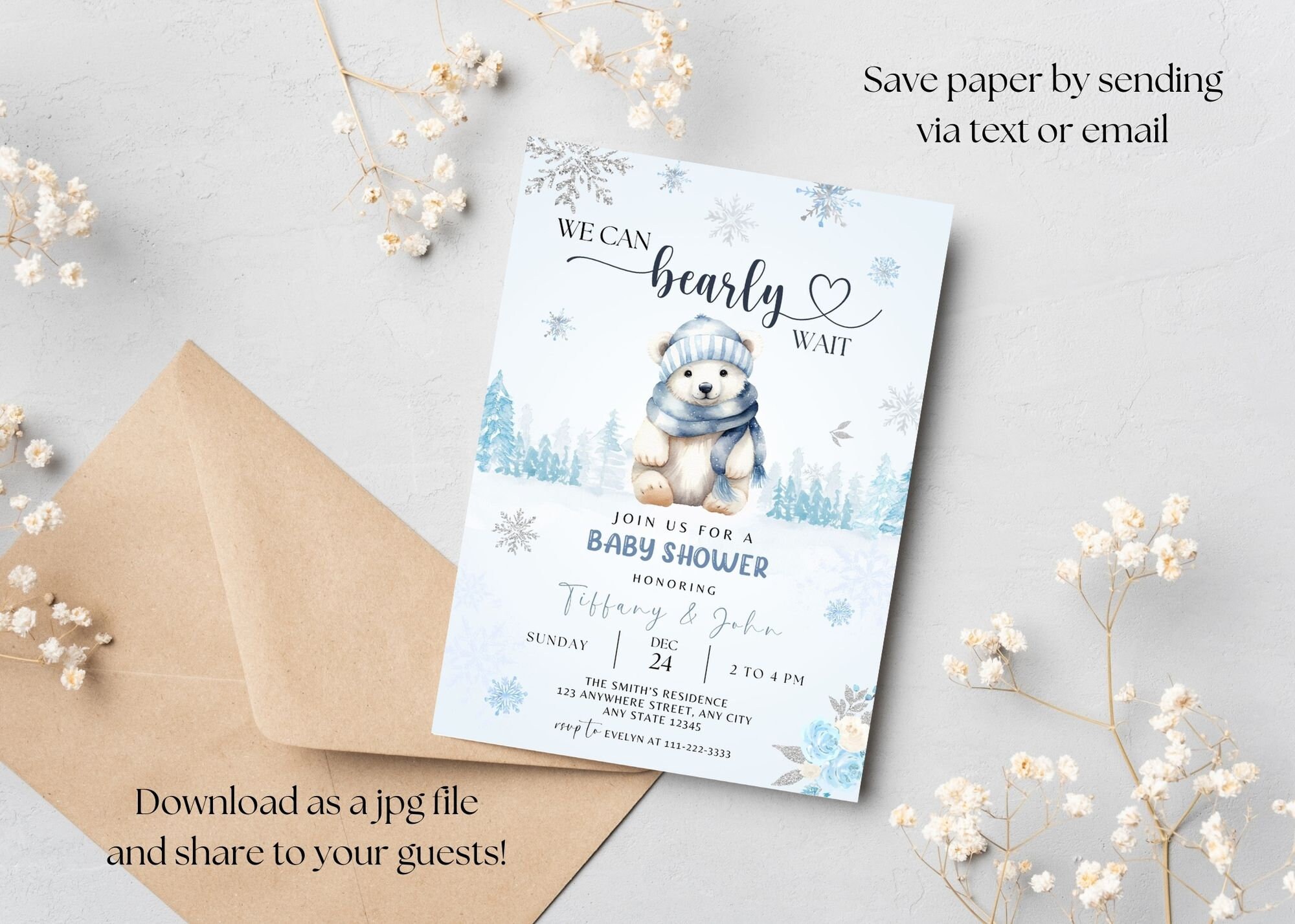 Editable Polar Bear Gender Reveal Invitation, Arctic Animals Invite ...