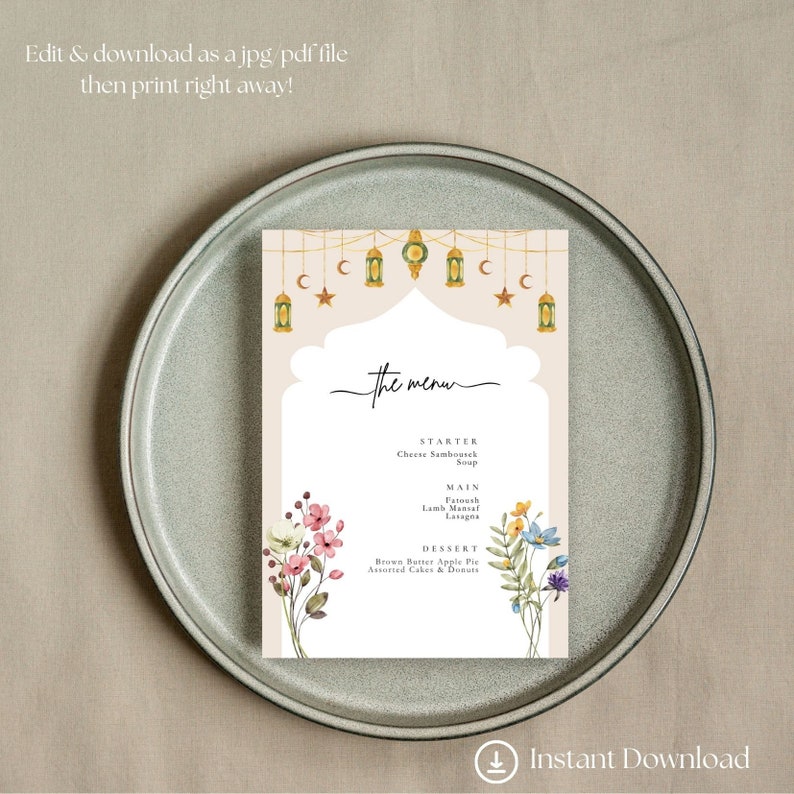 Editable Iftar Dinner Party Menu Card, Ramadan Eid Mubarak Table Decor ...