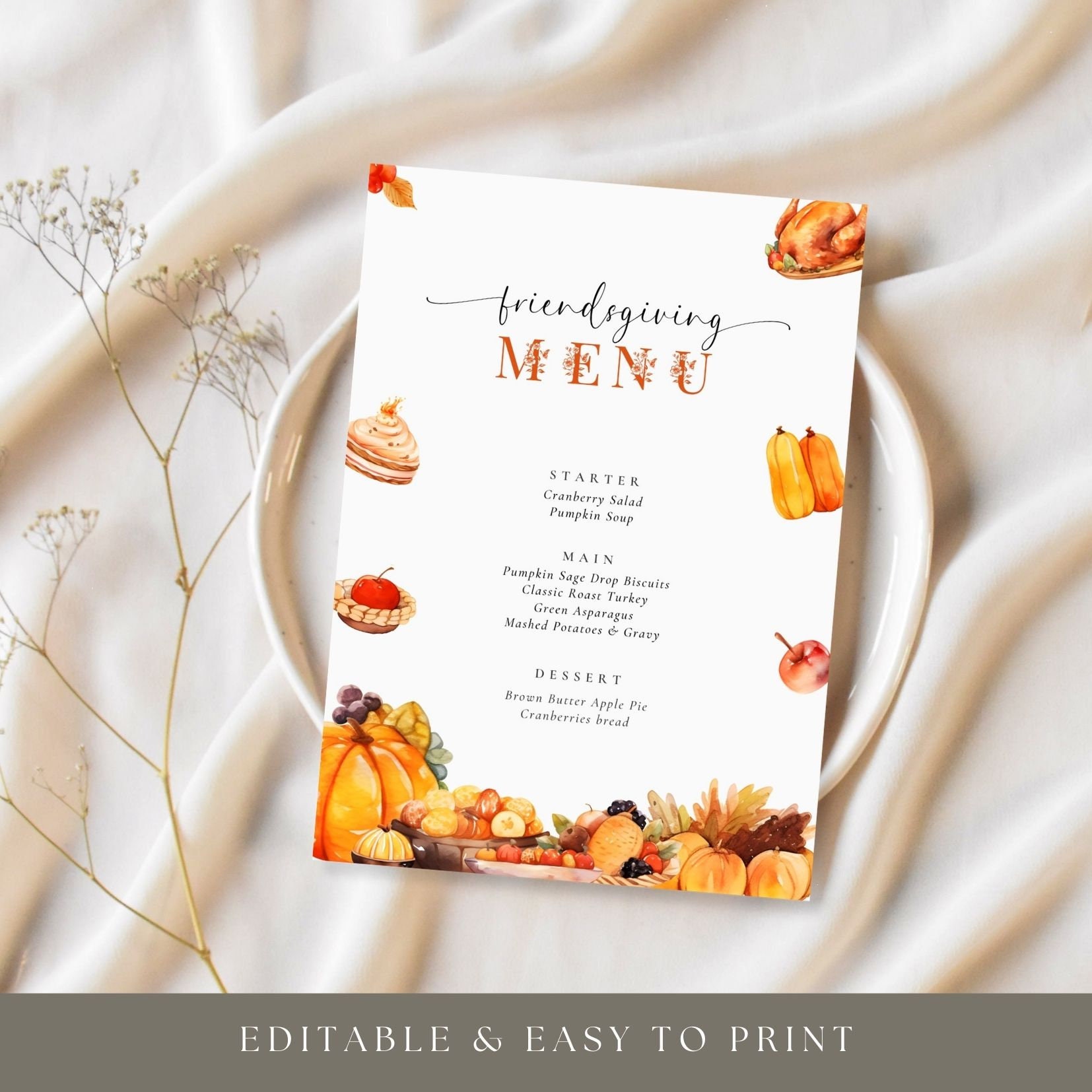 Editable Friendsgiving Menu Card, Minimalist Thanksgiving Menu Table ...