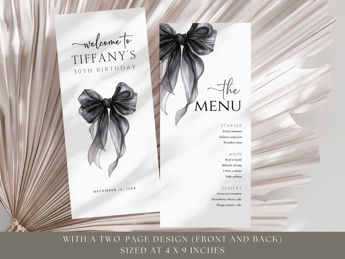 Ribbon Bow Menu Template: Elegant Wedding, Bridal Shower, Birthday ...
