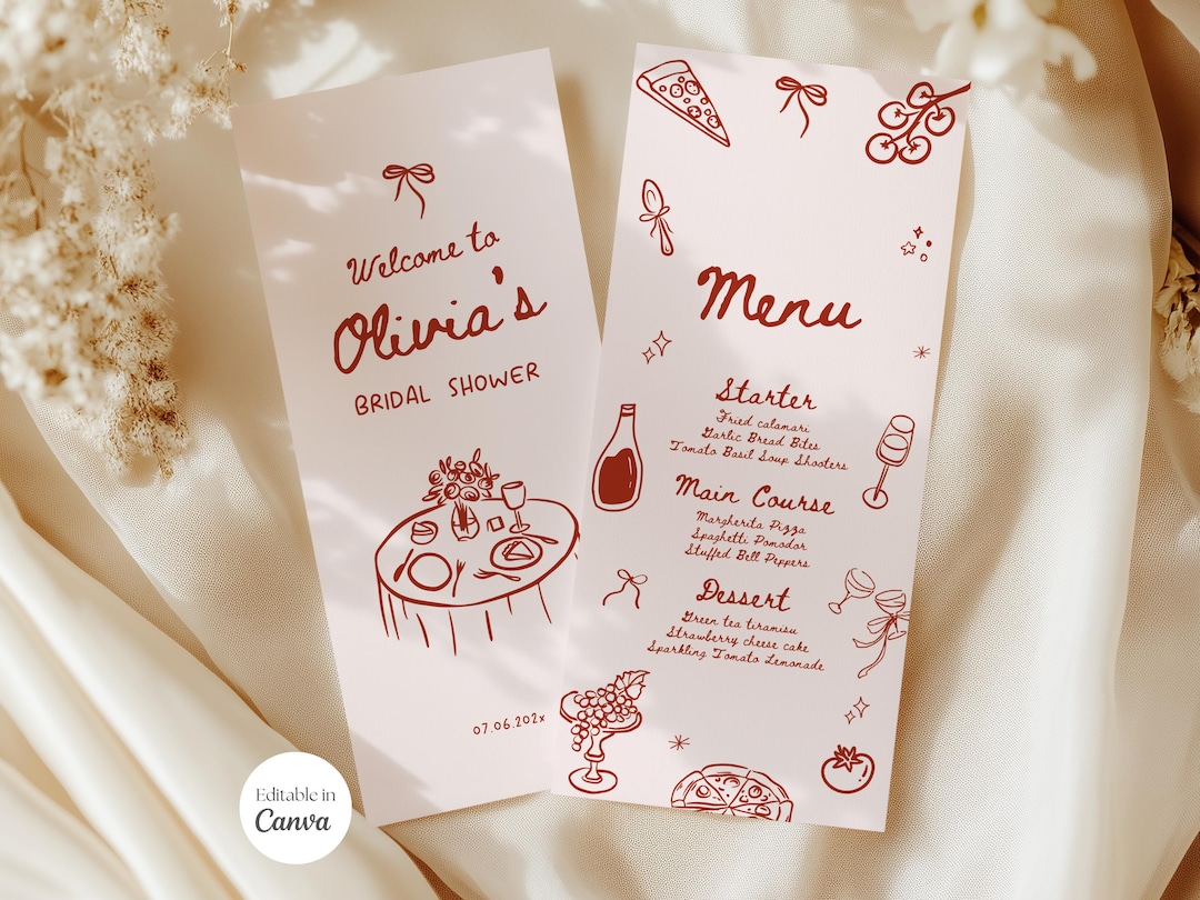 Thats Amore Bridal Shower Menu Cards Template, Hand Drawn Wedding Menu ...