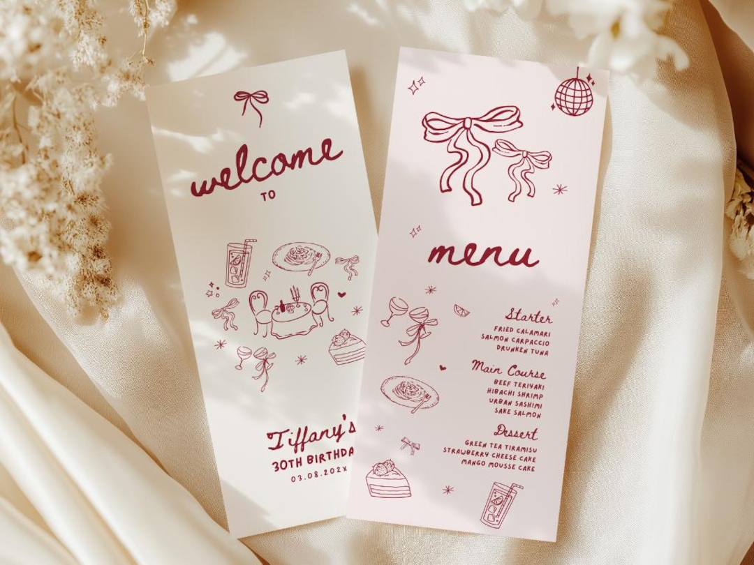 Bow Menu Template, Ribbon Wedding Menu Card, Pink Bow Menu Slim Menu ...