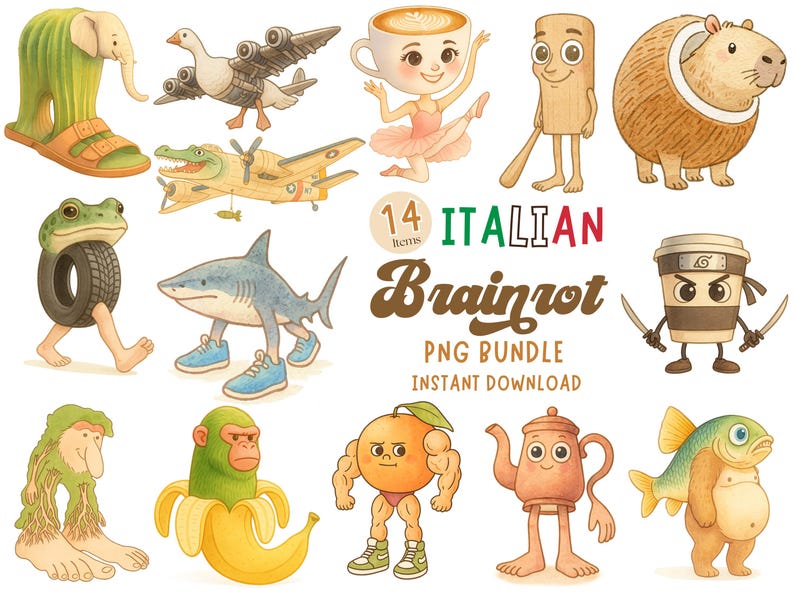 Italian Brainrot 14 Doodle Characters PNG Bundle, Ballerina Crocodile ...