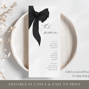 Bow Menu Template, Ribbon Wedding Menu Card, Black Bow Menu Slim, Menu ...