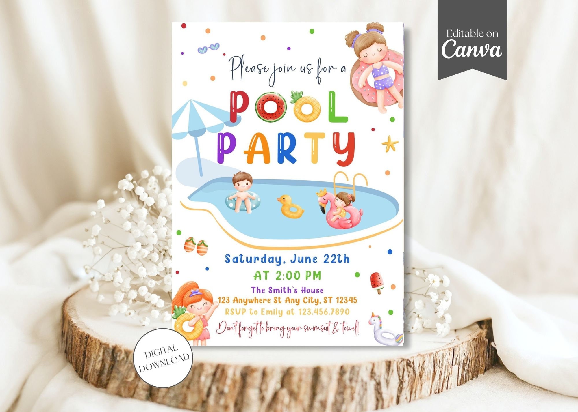 Pool Party Invitation, Hello Summer, End of School Party, Sun, Bounce ...
