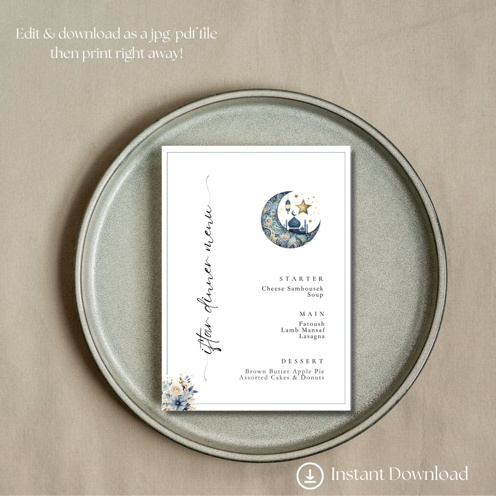 Editable Iftar Dinner Party Menu Card, Ramadan Eid Mubarak Table Decor ...