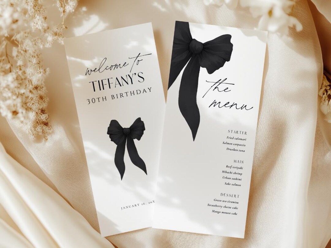 Bow Menu Template, Ribbon Wedding Menu Card, Black Bow Menu Slim, Menu ...