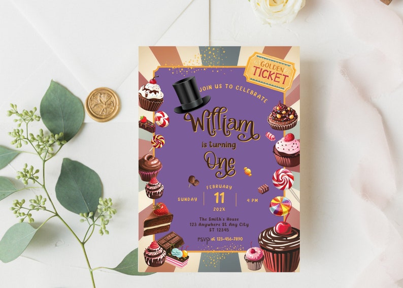 Chocolate Factory Inspired Birthday Invitation, Invite Card Canva ...