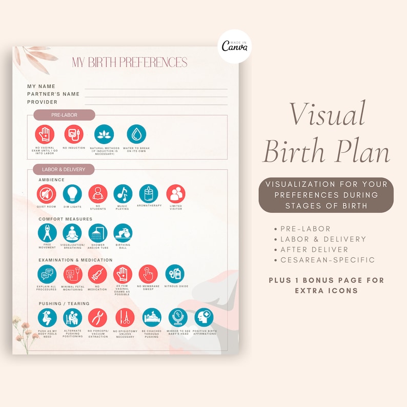 Visual Birth Plan Natural Birth Planner, Editable Birth Preferences ...