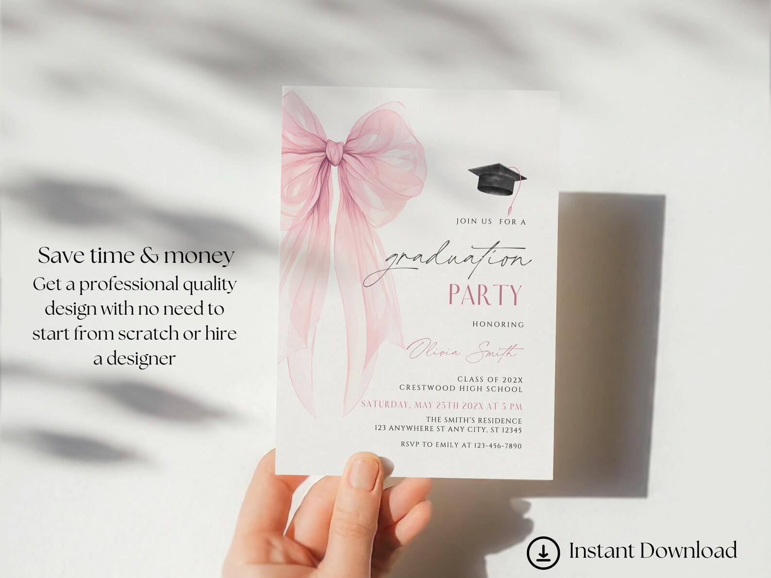 Pink Bow Graduation Invitation, School Commencement Announcement, Grad ...