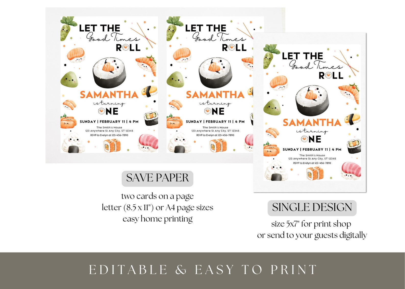 Sushi Birthday Invitation, Kawaii Japanese Party Invite, Wasabi Bento ...