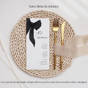 Bow Menu Template, Ribbon Wedding Menu Card, Black Bow Menu Slim, Menu ...