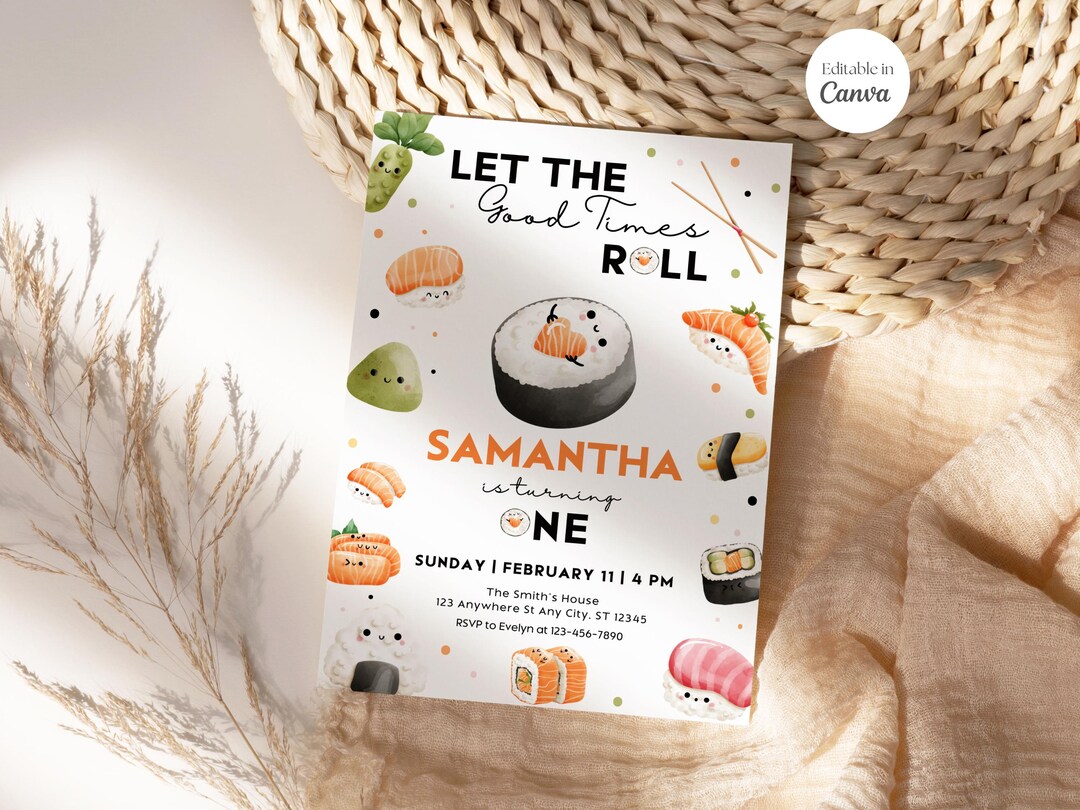 Sushi Birthday Invitation, Kawaii Japanese Party Invite, Wasabi Bento ...