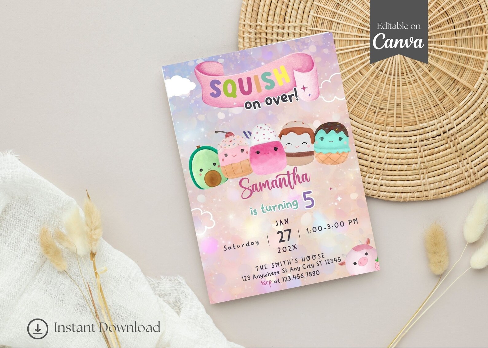 Girl Squish Birthday Invitation Digital Invite Card, Squishy Birtthday ...