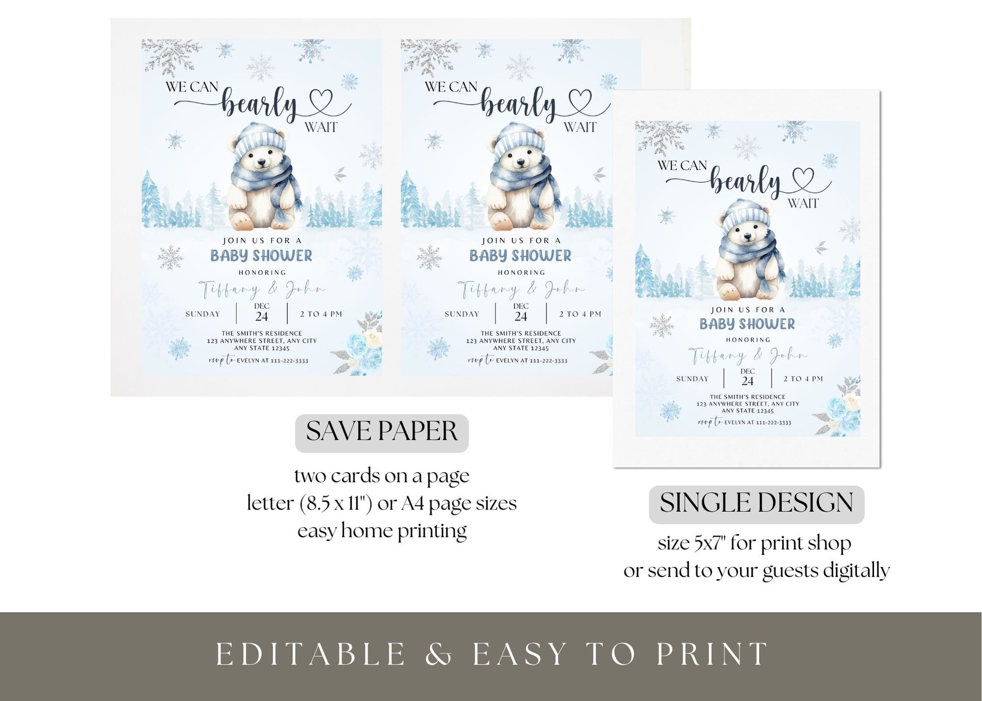 Editable Polar Bear Gender Reveal Invitation, Arctic Animals Invite ...
