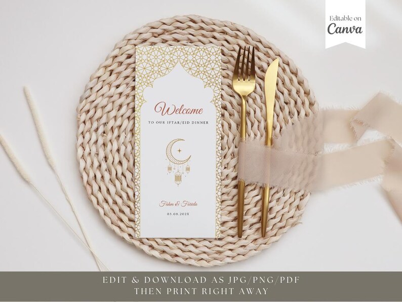 Editable Iftar Dinner Party Menu Card, Ramadan Eid Mubarak Table Decor ...