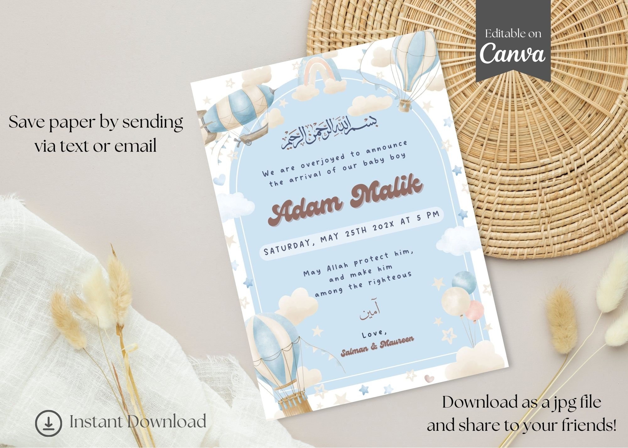 Muslim Baby Birth Announcement, Editable Baby Boy Birth Announcement ...