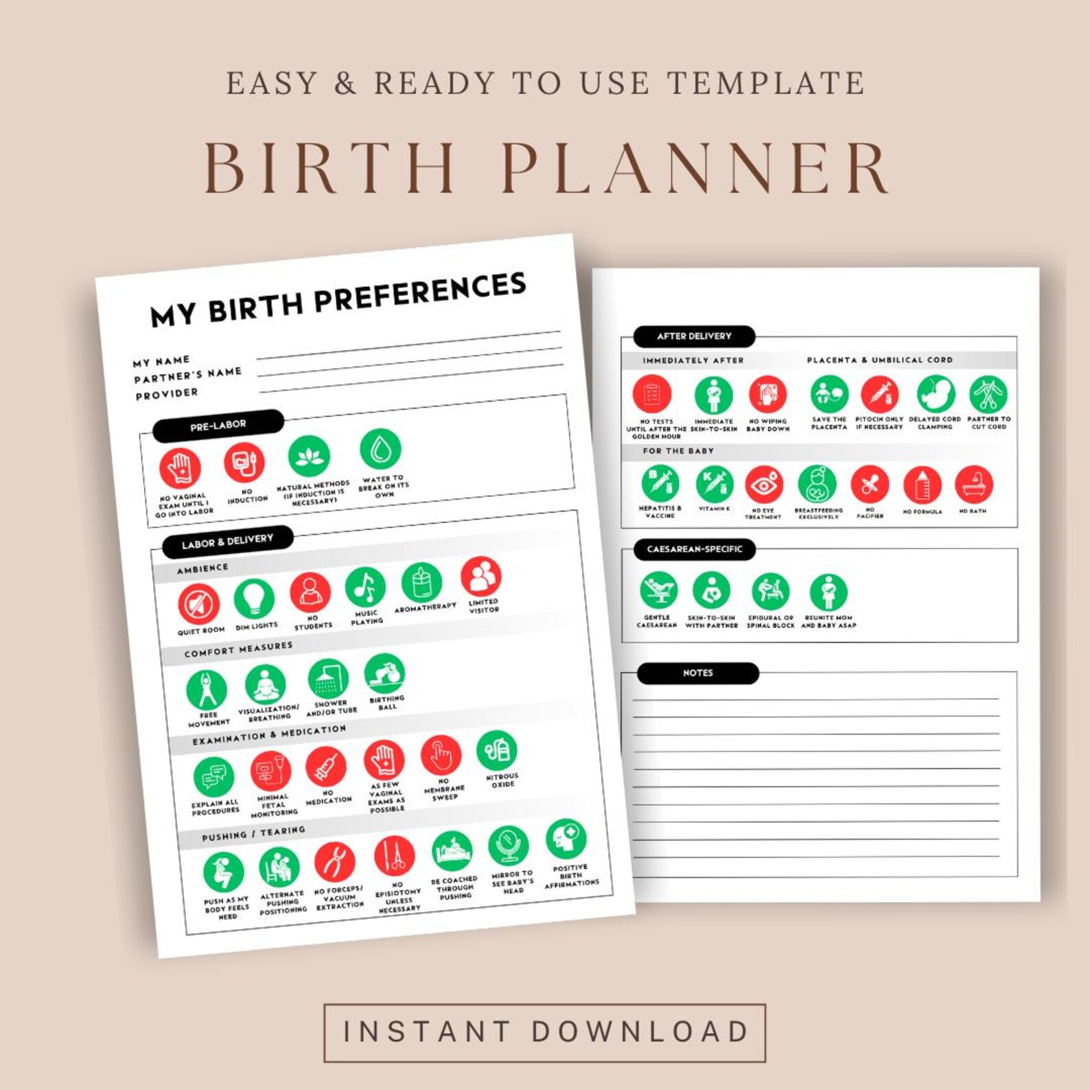 Visual Birth Plan Natural Birth Planner, Editable Birth Preferences ...