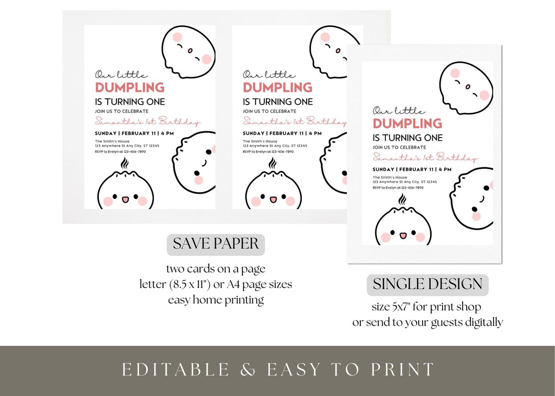 Dumpling Birthday Invitation, Bao Birthday Party Invite, Dim Sum Party ...