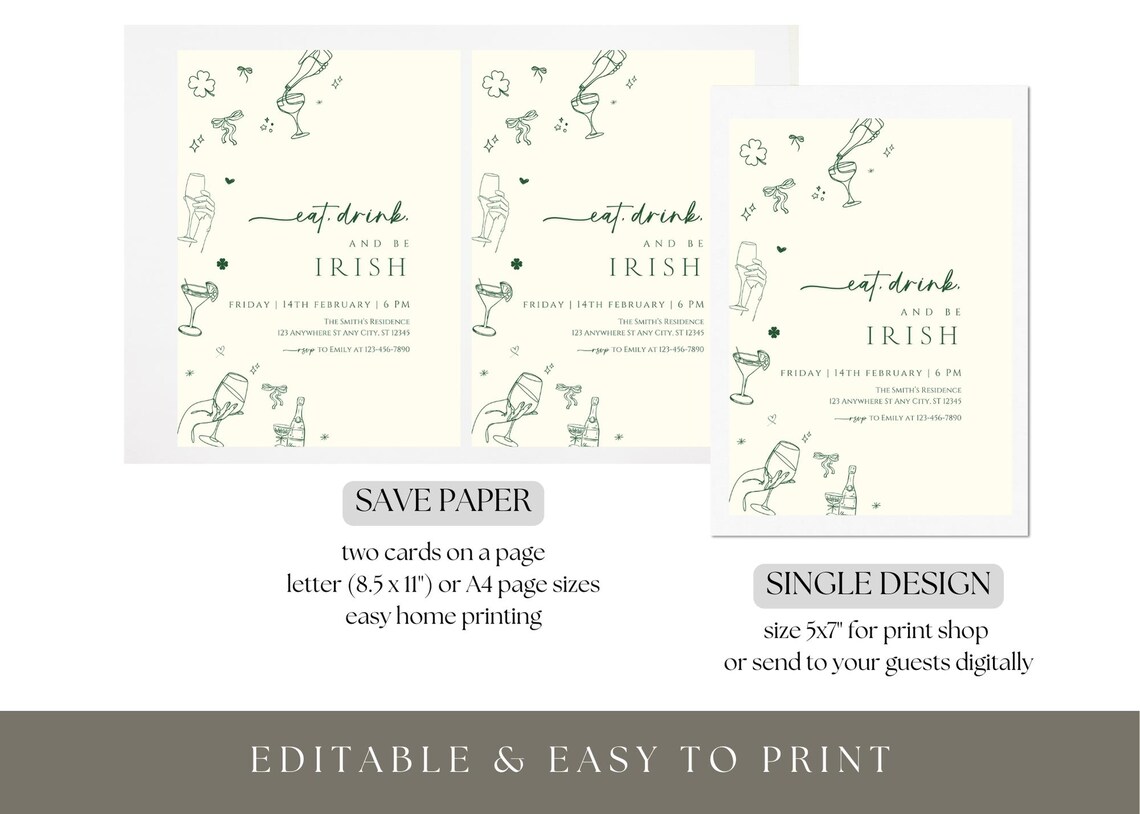 St Patricks Day Invitation, Eat Drink and Be Irish Invite Card, Lucky ...