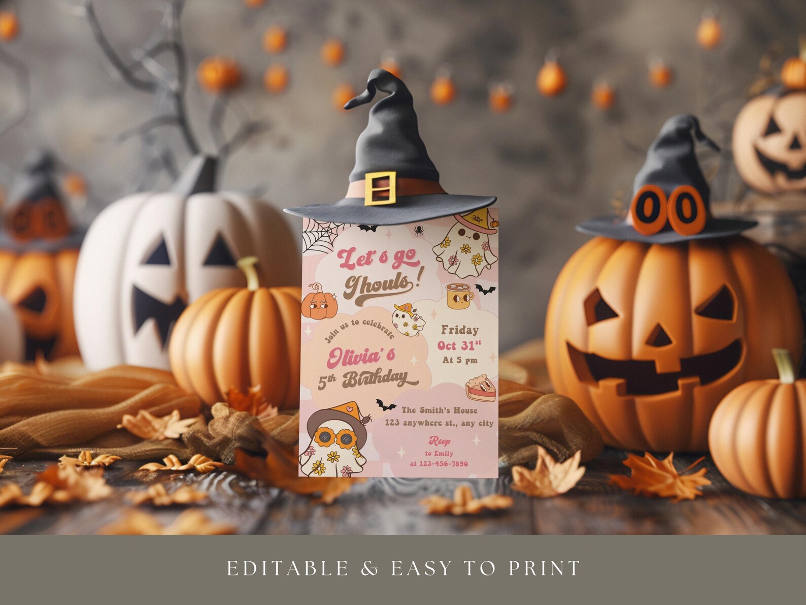 Editable Let's Go Ghouls Halloween Party Invitation Retro Pastel Preppy ...
