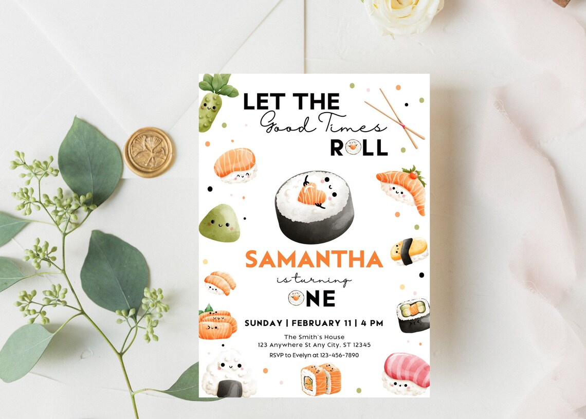 Sushi Birthday Invitation, Kawaii Japanese Party Invite, Wasabi Bento ...