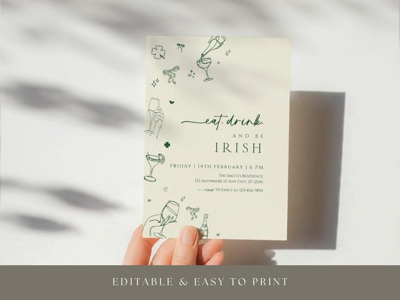 St Patricks Day Invitation, Eat Drink and Be Irish Invite Card, Lucky ...