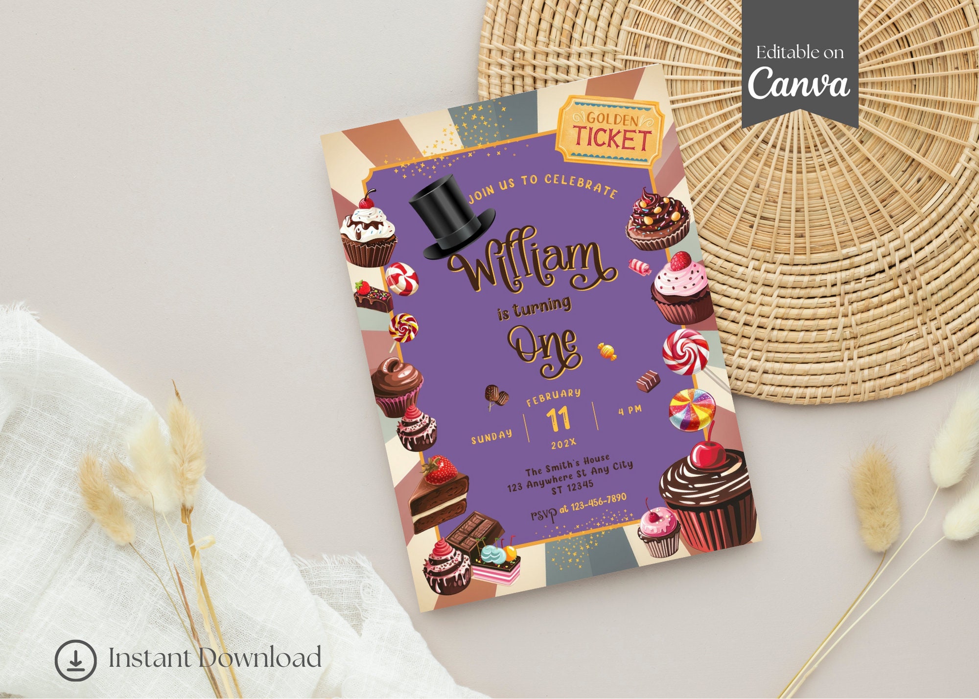 Chocolate Factory Inspired Birthday Invitation, Invite Card Canva ...