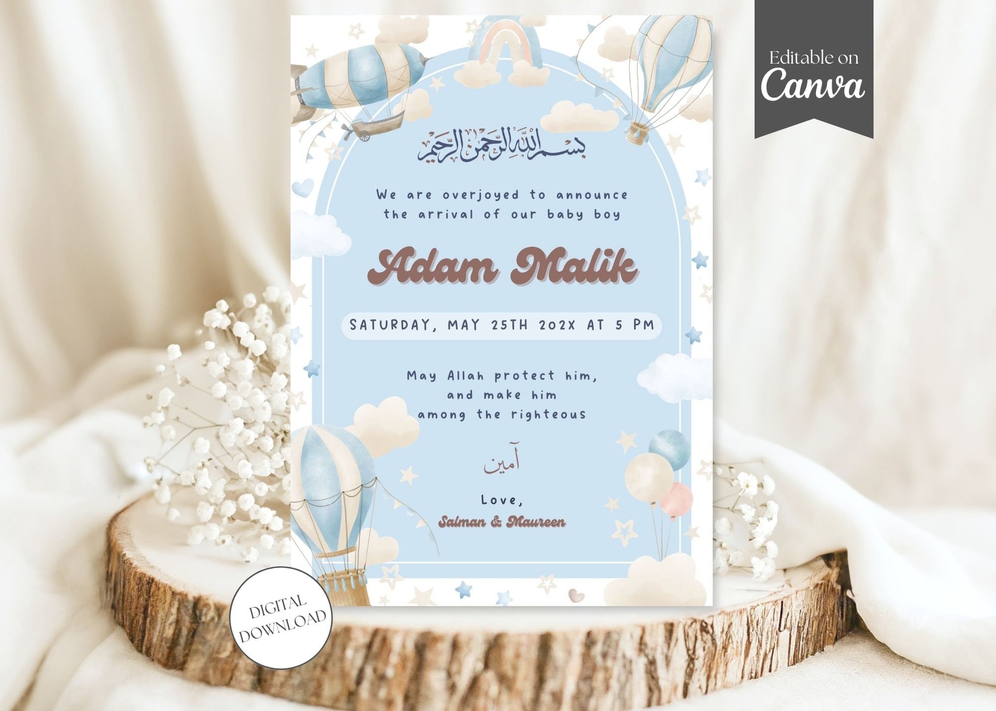 Muslim Baby Birth Announcement, Editable Baby Boy Birth Announcement ...