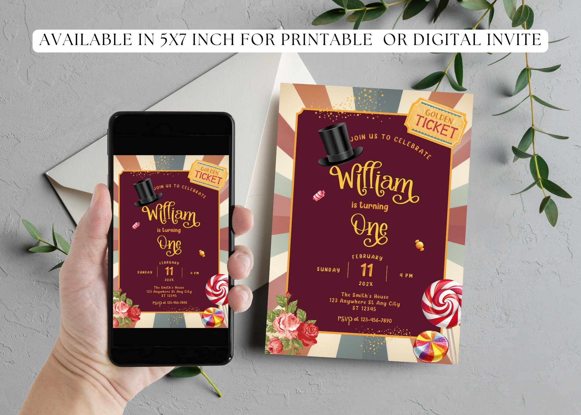 Chocolate Factory Inspired Birthday Invitation, Magician Invite Card ...