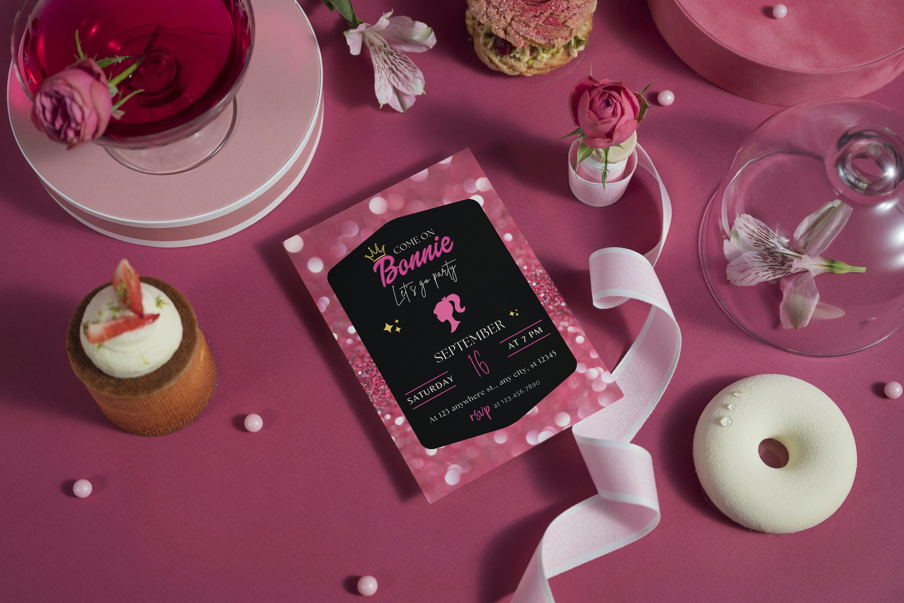 Lets Go Party Invitation Card Pink Doll Editable Barb Inspired Theme ...