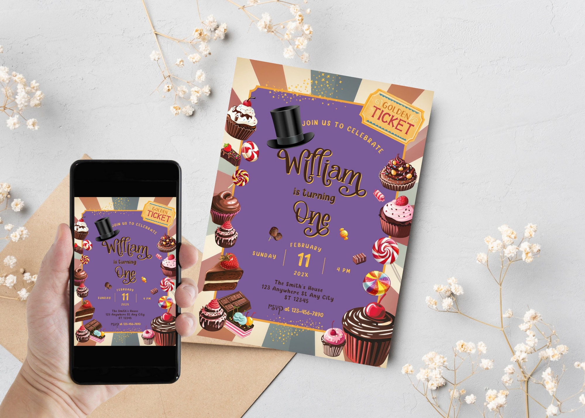 Chocolate Factory Inspired Birthday Invitation, Invite Card Canva ...