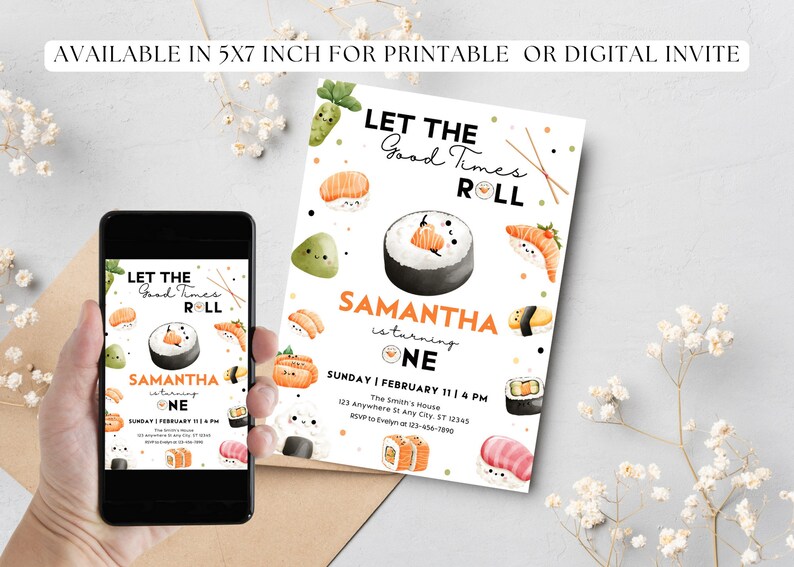 Sushi Birthday Invitation, Kawaii Japanese Party Invite, Wasabi Bento ...