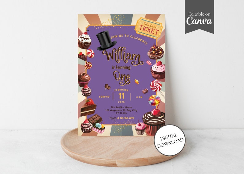 Chocolate Factory Inspired Birthday Invitation, Invite Card Canva ...