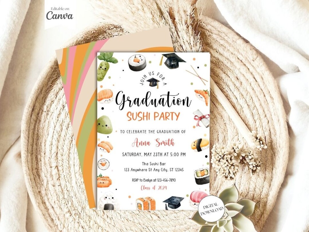 Sushi Graduation Party Invitation, Kawaii Japanese Party Invite, Wasabi ...