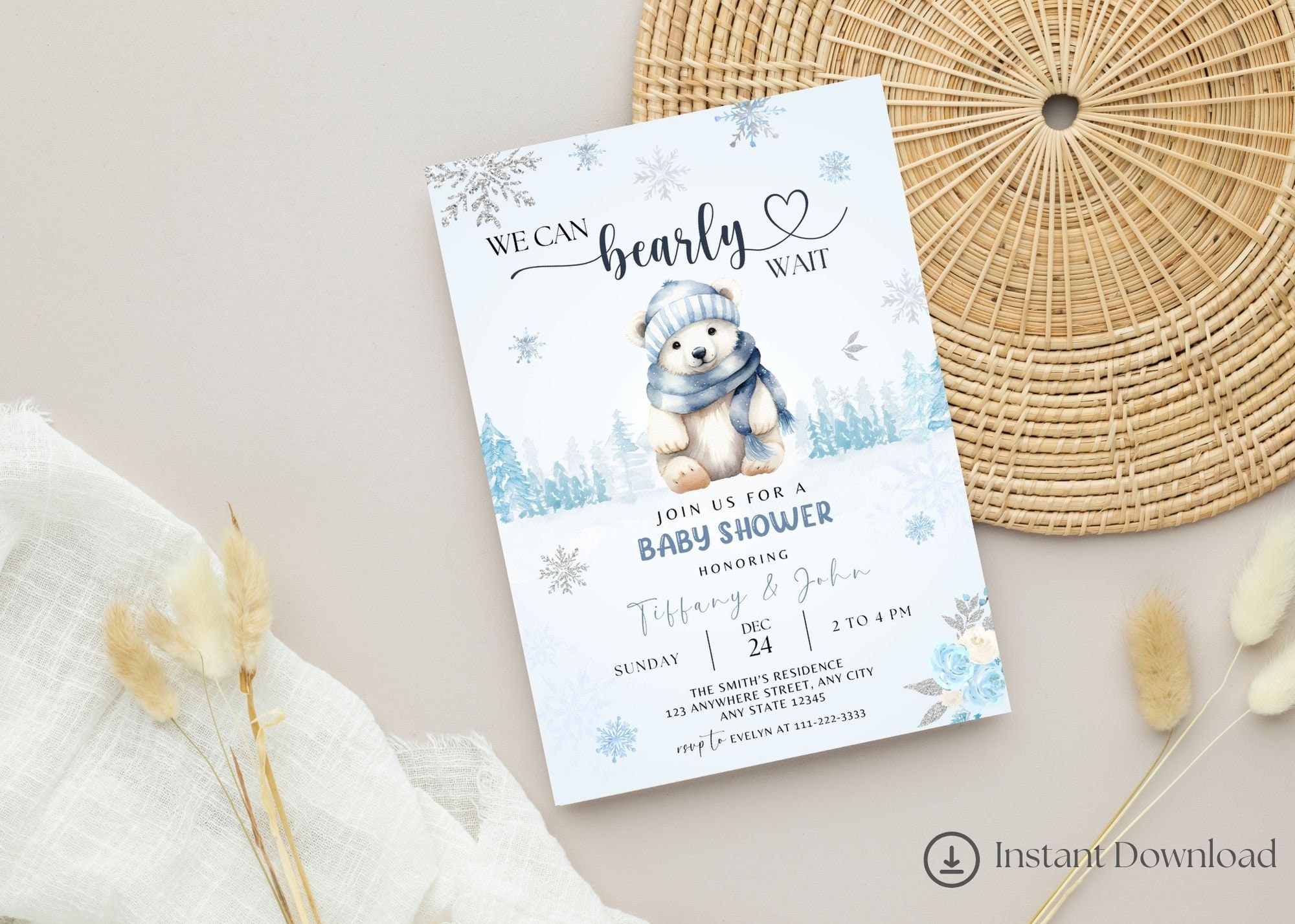 Editable Polar Bear Gender Reveal Invitation, Arctic Animals Invite ...