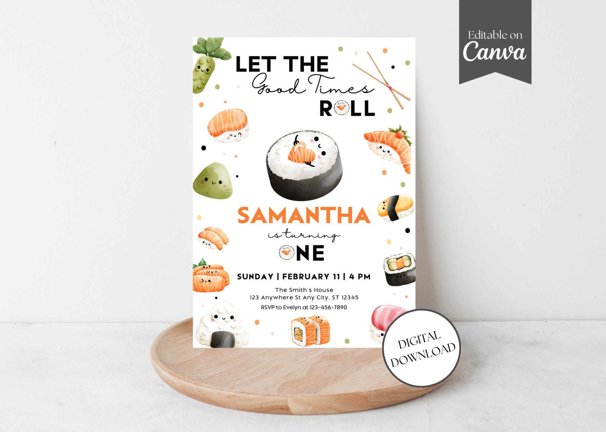 Sushi Birthday Invitation, Kawaii Japanese Party Invite, Wasabi Bento ...