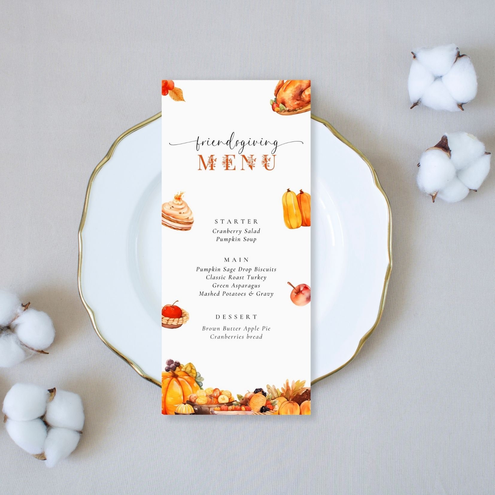 Editable Friendsgiving Menu Card, Minimalist Thanksgiving Menu Table ...
