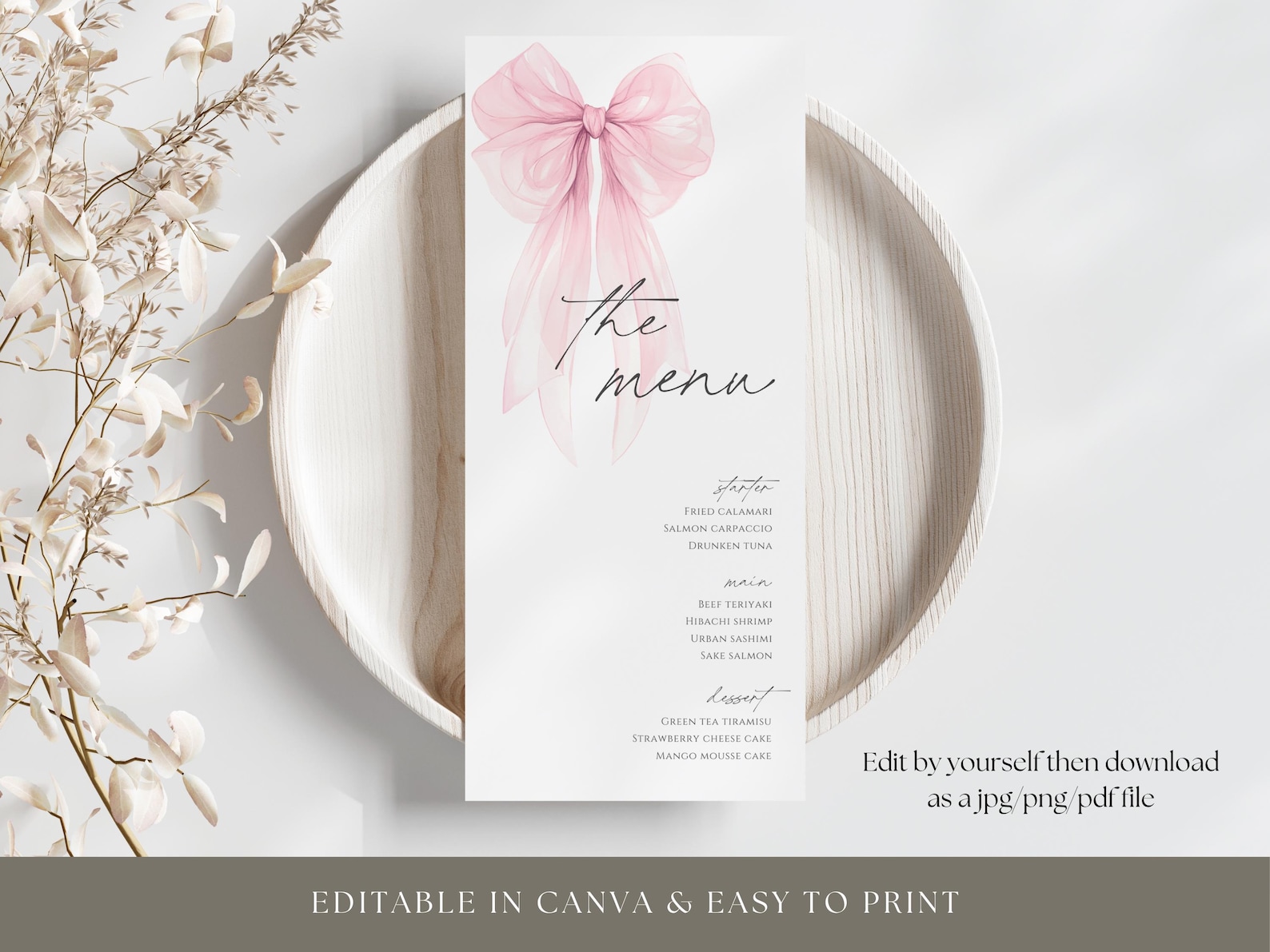 Pink Bow Menu Template: Bridal Shower, Wedding, Birthday (4x9" Canva ...