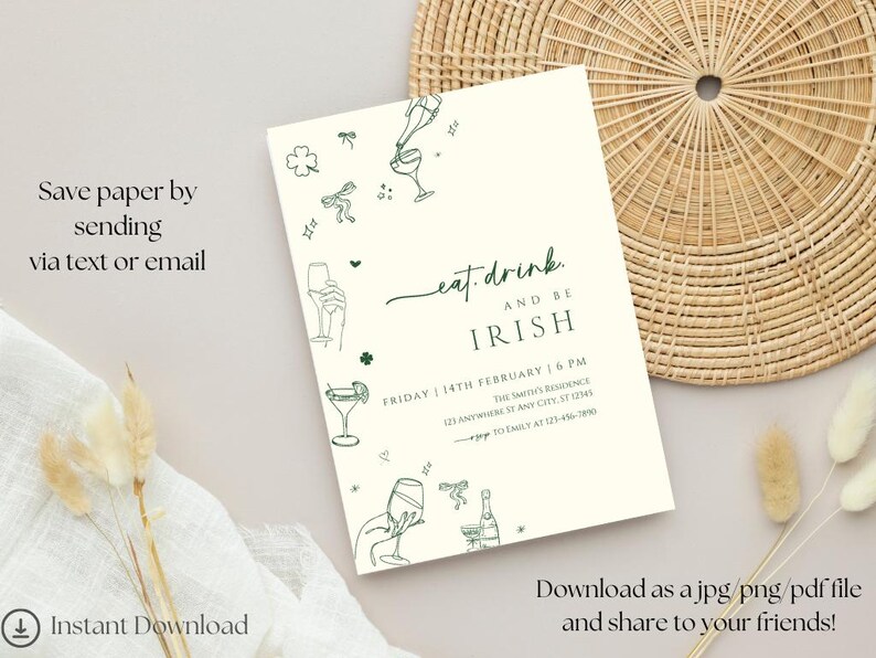 St Patricks Day Invitation, Eat Drink and Be Irish Invite Card, Lucky ...