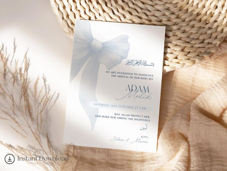 Muslim Baby Boy Birth Announcement: Coquette Bow Canva Template ...