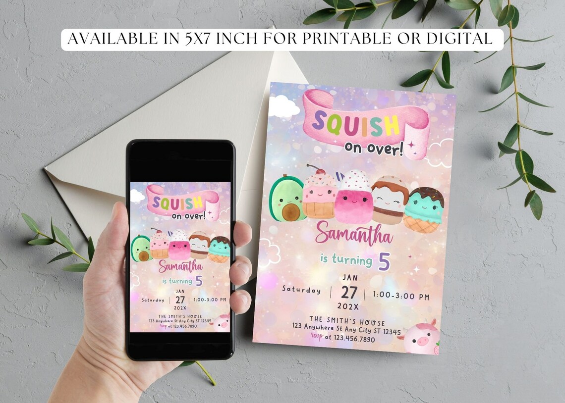 Girl Squish Birthday Invitation Digital Invite Card, Squishy Birtthday ...