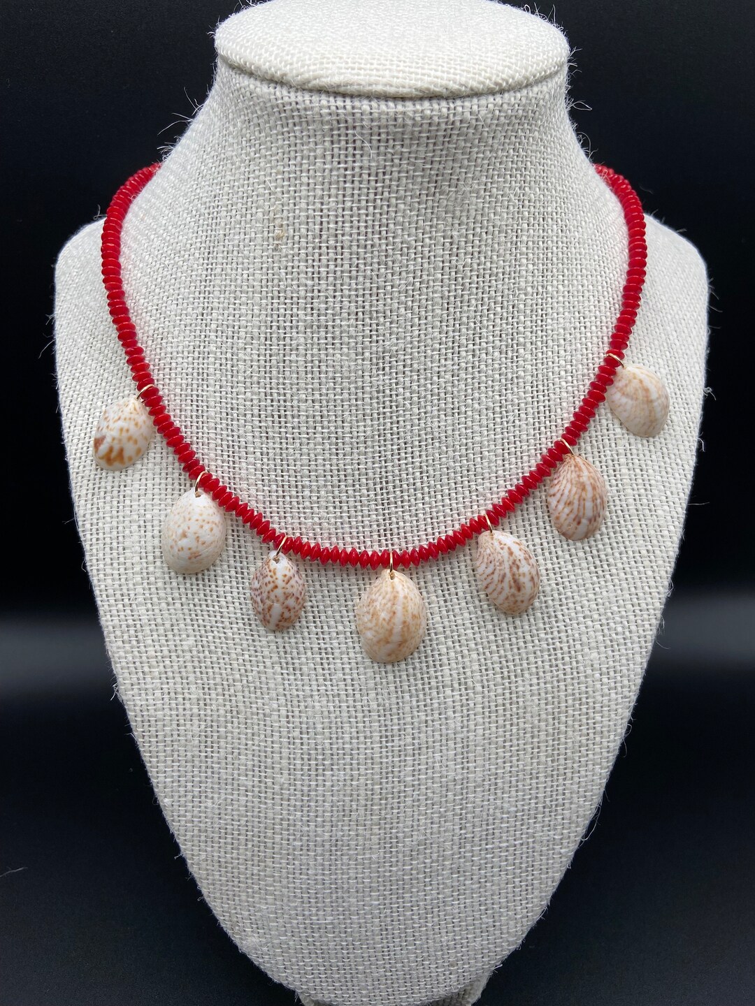 Natural Seashell Beaded Necklace, Red Abacus Beads Featuring Seven ...