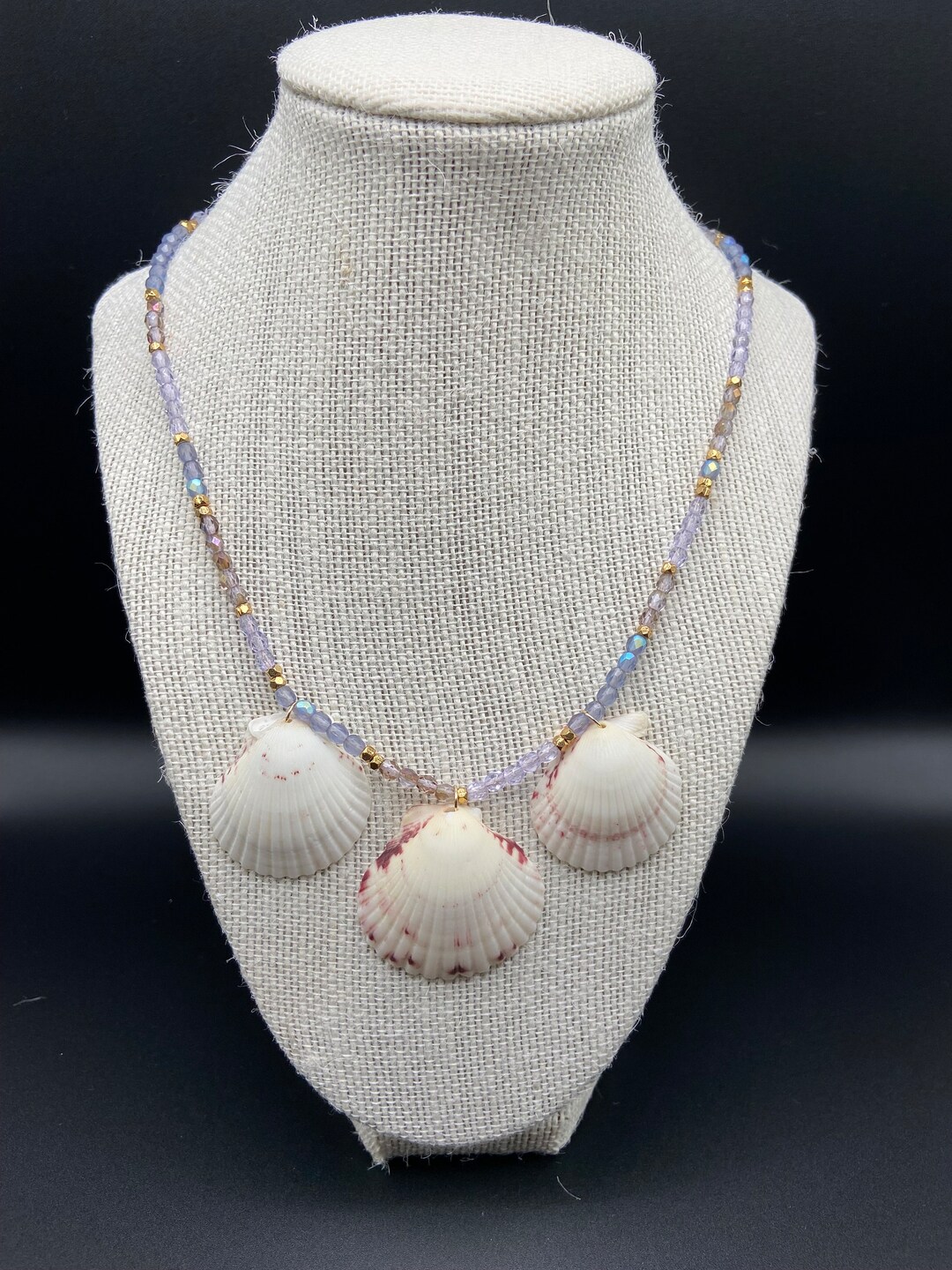 Handmade Sanibel Shell Necklace, Calico Seashells, Purple & Gold Beaded ...