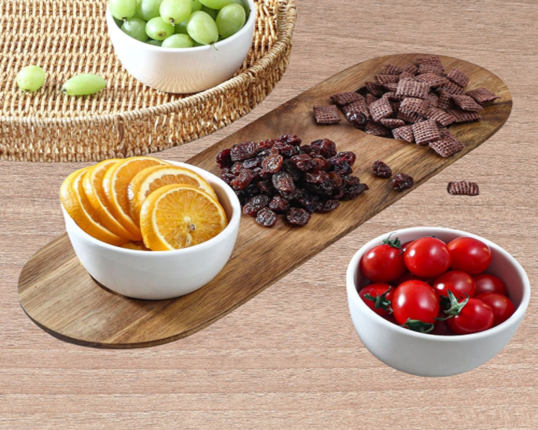 Dip Serving Set With Acacia Wooden Tray 12oz White Glazed - Etsy