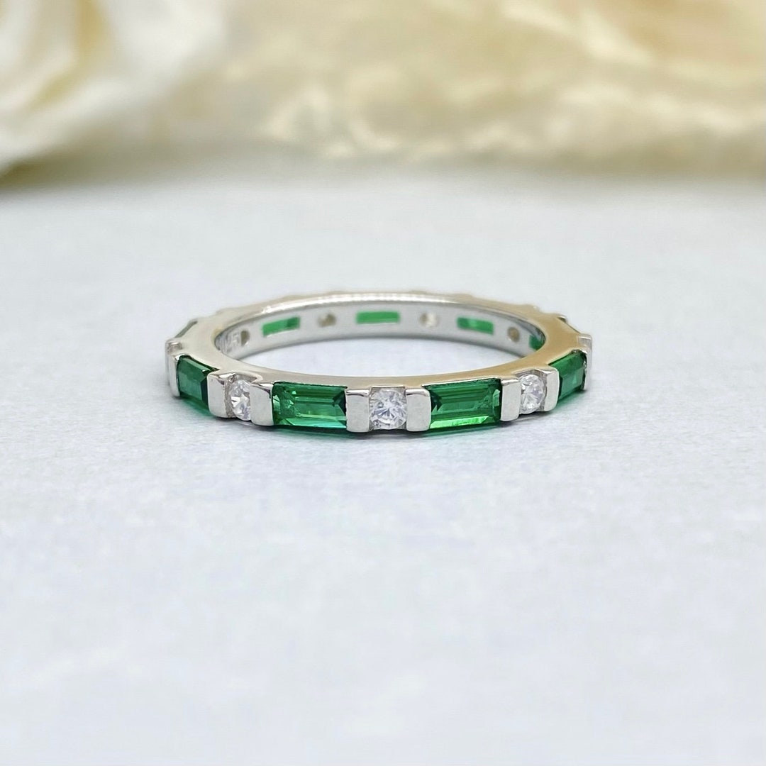Emerald Eternity Ring Round White Simulated Diamond Band Sterling ...