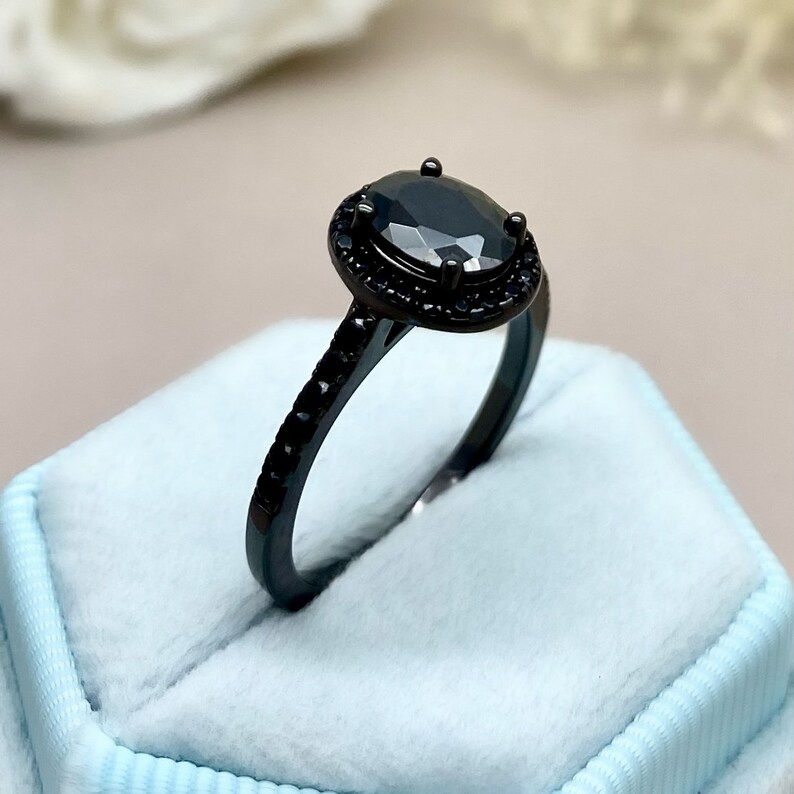 Oval Black Onyx Ring Black Rhodium Ring 1.5ct Onyx Ring Sterling Silver Halo Round Black CZ ...