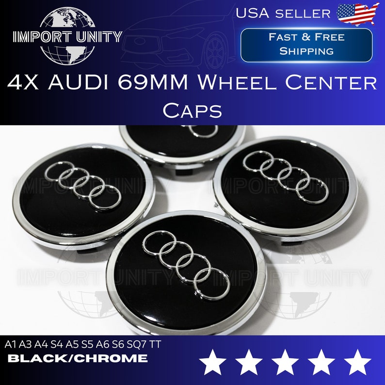 Audi 69mm Black Chrome Wheel Rim Center Hub Caps Emblem 4PC Set ...